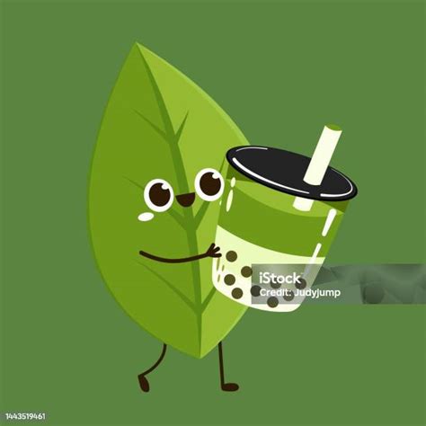 찻잎 캐릭터 녹색 배경에 찻잎 말차 캐릭터 디자인 거품 녹차 우유 벡터 로고입니다 아이스 녹차 라떼 테이크아웃 컵 벡터 삽화