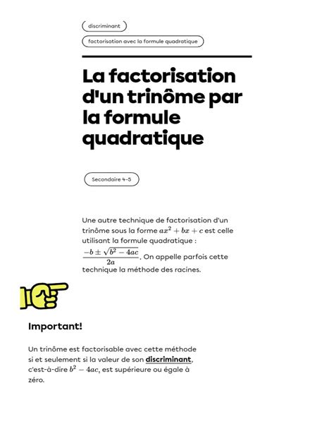 La Factorisation Dun Trinôme Par La Formule Quadratique Secondaire
