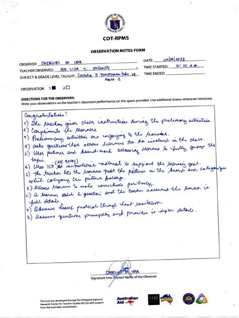 observation notes pdf
