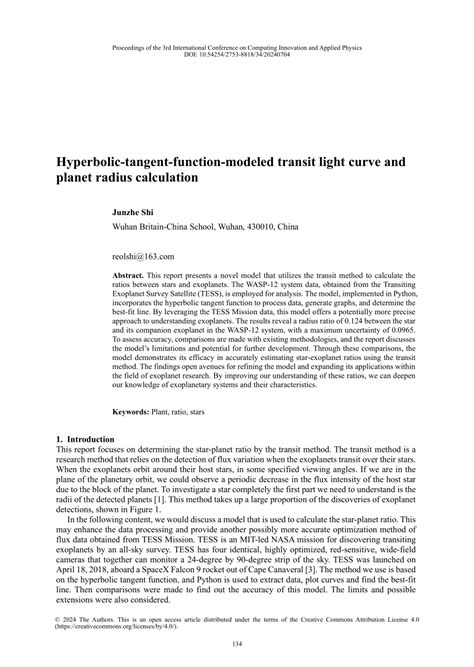 Pdf Hyperbolic Tangent Function Modeled Transit Light Curve And Planet Radius Calculation