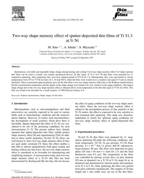 Pdf Two Way Shape Memory Effect Of Sputter Deposited Thin Films Of Ti 51 3 At Ni