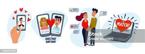온라인 데이트 세트 데이트 커플 모바일 앱 노트북 젊은 남자와 여자는 휴대 전화 응용 프로그램과 사랑을 찾고 플랫 스타일 벡터 그림입니다 Brand Name Online