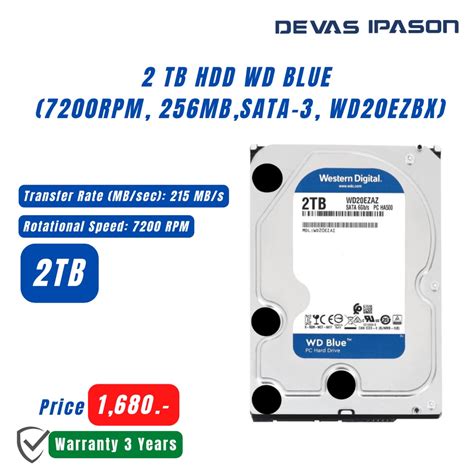 2 TB HDD WD BLUE (7200RPM, 256MB,SATA-3, WD20EZBX) | Shopee Thailand