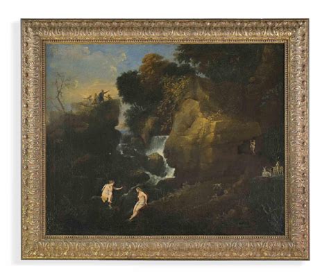 Unknown Landscape With Nudes And Waterfall Oil Paint 17th Century