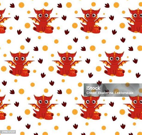 귀여운 빨간 드래곤 와 발자국 와 금화 벡터 완벽한 패턴 그래픽 라인 스타일 프레임과 디자인 요소 투명 배경 중국어 Cny 음력 설날 2036 등불 축제 마스코트 0명에