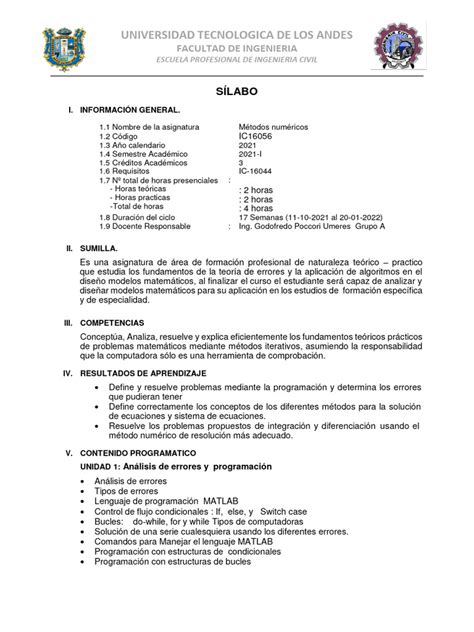 silabo metodos numericos ga pdf matriz matemáticas ecuaciones