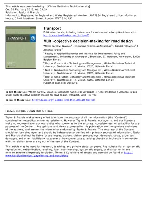 Pdf Multi Objective Optimization Of Road Design Alternatives With An Application Of The Moora