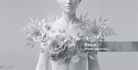 3d 렌더링 꽃 여성 흉상 종이 꽃으로 장식 된 흰색 마네킹 흰색 배경에 고립 된 여성 실루엣 유방암 지원 웨딩 패션 현대 식물 조각 여자에 대한 스톡 사진 및 기타 이미지