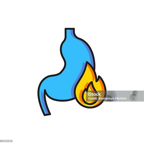 색상 위 속 쓰림 아이콘은 흰색 배경에 고립되어 있습니다 위장 화끈거림 위염 및 위산 역류 소화 불량 및 복통 문제 그림자가 있는 평평하게 채워진 윤곽선 스타일입니다 벡터