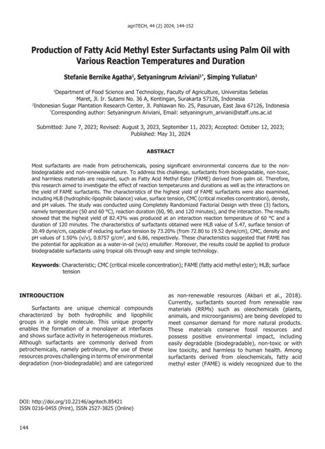 Pdf Production Of Fatty Acid Methyl Ester Surfactants Using Palm Oil