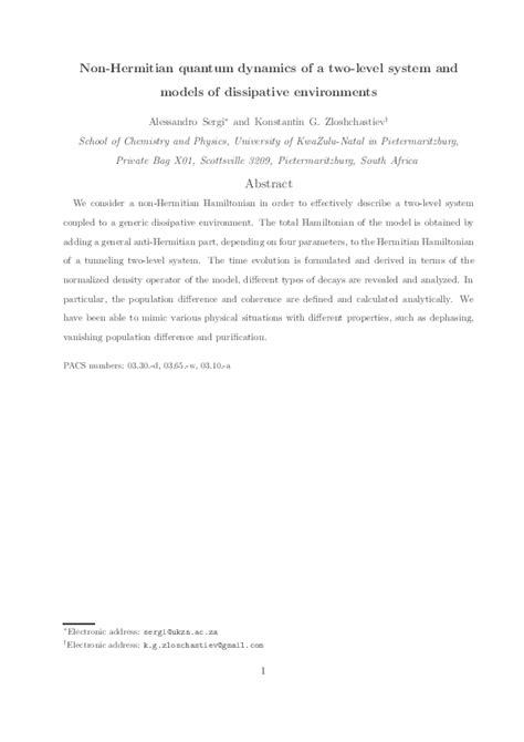 Pdf Non Hermitian Quantum Dynamics Of A Two Level System And Models