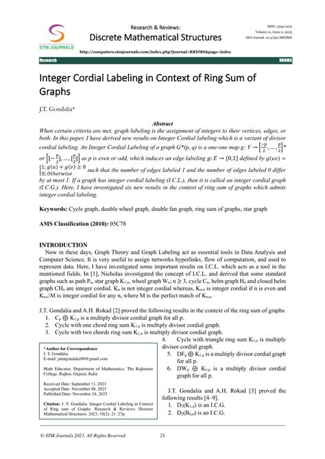 Pdf Integer Cordial Labeling In Context Of Ring Sum Of Graphs