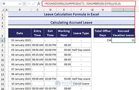 Leave Calculation Formula In Excel 5 Leave Types Exceldemy