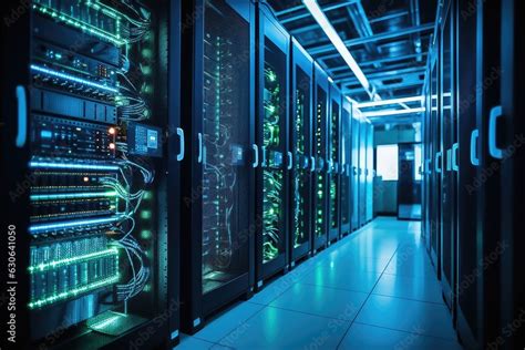 Data Center Room Network Panel Switch And Cable In Data Center Generative Ai Stock