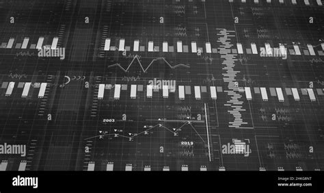 Image Of Diagrams With Numbers And Data Processing On Black Background