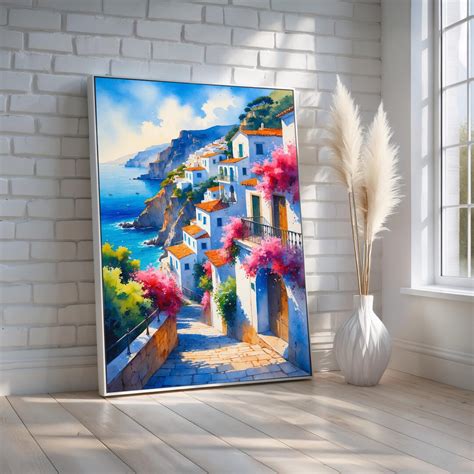Mediterranean Coastal Village Wall Art Colorful Italy Canvas Poster