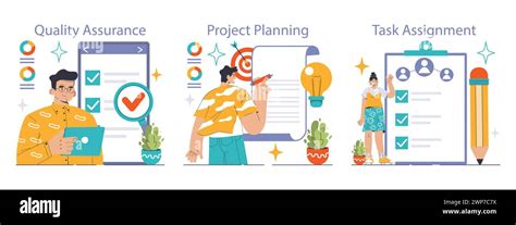 Project Management Set Ensuring Quality Outlining Strategy Delegating Tasks Productivity