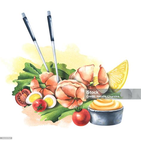 양상추 잎 메추라기 알 체리 토마토 레몬 소스 및 젓가락을 곁들인 새우 수채화 그림입니다 Shrimp 컬렉션의 구성 메뉴 조리법의 디자인과 디자인 그리기에 대한 스톡 벡터