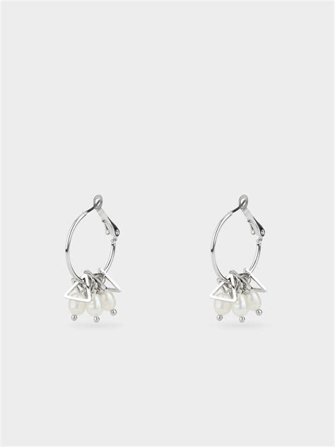 Stacked Triangle Pearl Drop Earrings Silver Pomelo Fashion