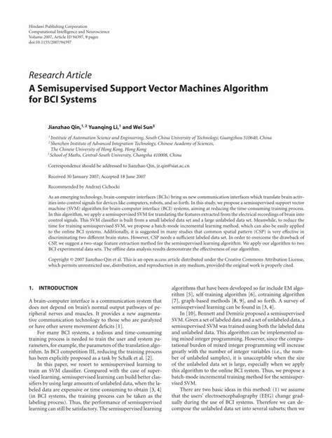 Pdf A Semisupervised Support Vector Machines Algorithm For Bci