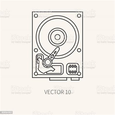라인 플랫 벡터 컴퓨터 부품 아이콘 데이터 저장 하드 디스크 만화 스타일입니다 디지털 게임 및 비즈니스 사무실 Pc 데스크톱 장치입니다 혁신 가제트입니다 플레이트입니다