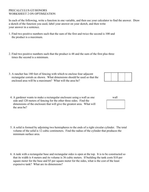 Optimization Problems Calculus Worksheet — Db