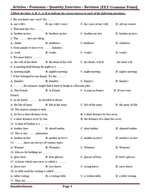 Tba Articles Pronouns Quantity Determiners Ex Revision Pdf