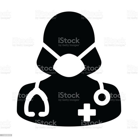 글리프 픽토그램에서 의학 상담을 위한 청진기와 외과 얼굴 마스크 여성 프로필 아바타 기호를 가진 헬스케어 아이콘 벡터 닥터