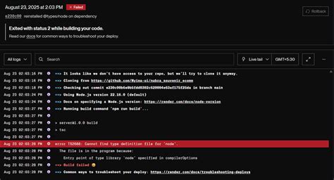 Render Deploy Failing Ts2688 Cannot Find Type Definition File For