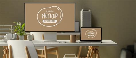 3d 렌더링 컴퓨터 모니터가있는 최소한의 사무실 공간 노트북 용품 및 책상 장식 프리미엄 Psd 파일