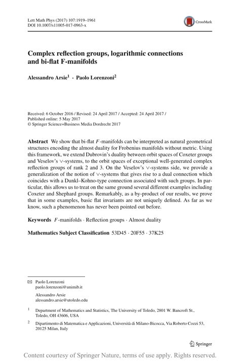 Complex Reflection Groups Logarithmic Connections And Bi Flat F Manifolds Request Pdf