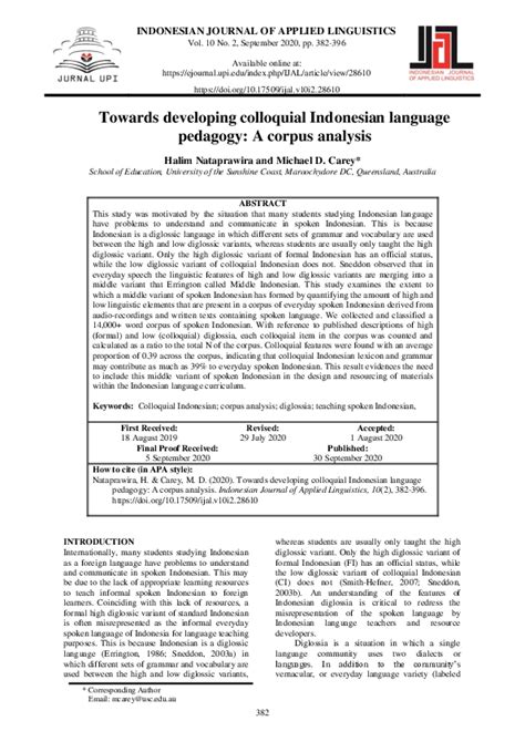 Pdf Towards Developing Colloquial Indonesian Language Pedagogy A Corpus Analysis