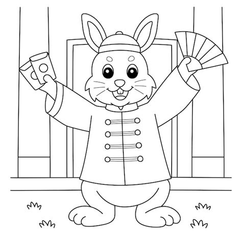 중국 의상을 입은 토끼 색칠하기 프리미엄 벡터