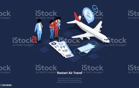 벡터 일러스트레이션 캐릭터와 만화 3d 스타일 항공 여행 개념을 다시 시작에 대한 동시 측정 구성 검역 후 항공편 시작 코로나 격리 문제 짐을 가진 사람들의 그룹 3차원