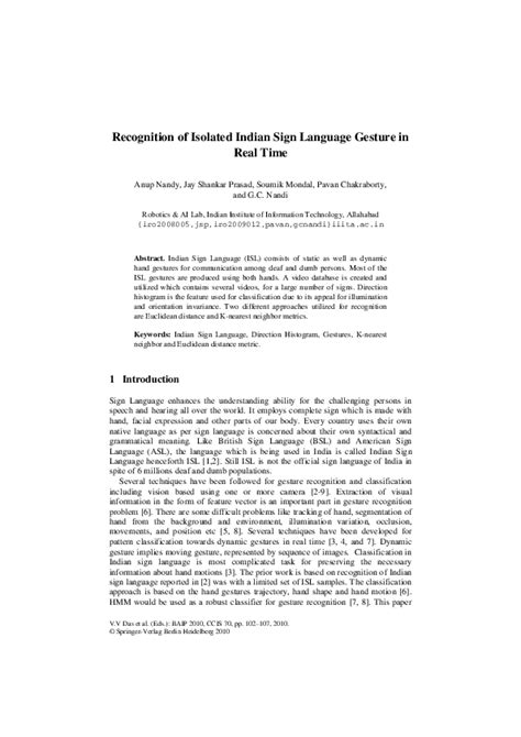 Pdf Recognition Of Isolated Indian Sign Language Gesture In Real Time