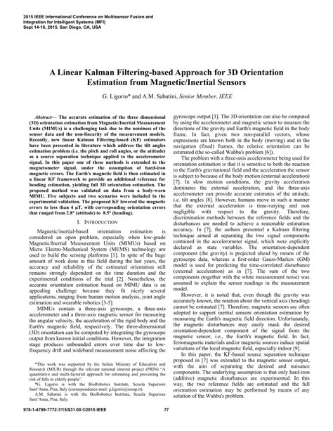 Pdf A Linear Kalman Filtering Based Approach For 3d Orientation