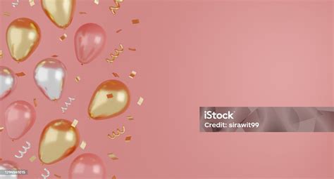 리본과 골드 반짝이로 축제 현실적인 골드 핑크와 흰색 풍선 색상 컨셉을 축하합니다 3d 렌더링 금 금속에 대한 스톡 사진 및 기타 이미지 Istock