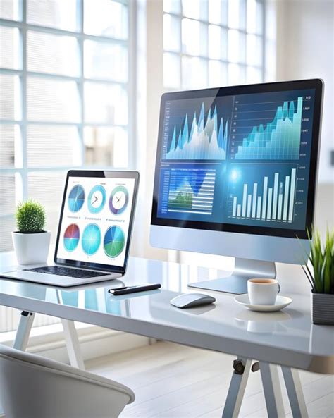 Modern Workspace With Holographic Analytics Software On Desktop And Tablet Screens Promoting