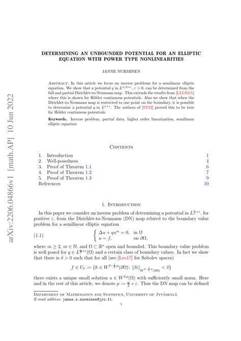 Pdf Determining An Unbounded Potential For An Elliptic Equation With Power Type Nonlinearities