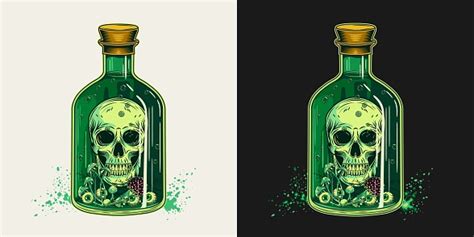 인간의 두개골 안구 버섯이 들어 있는 녹색 독의 빈티지 손으로 그린 병 빈티지 스타일의 할로윈 소름 끼치는 삽화 개념에 대한 스톡 벡터 아트 및 기타 이미지 Istock