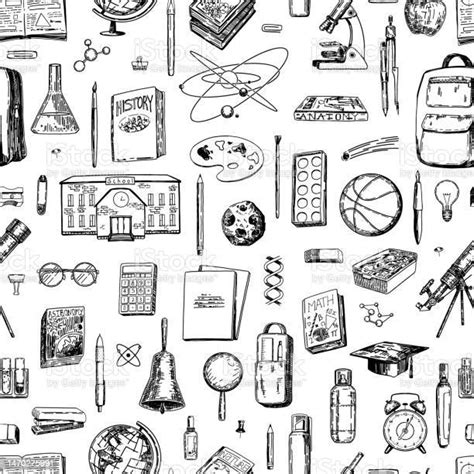 학교 속성 원활한 패턴 교과서 실험실 장비 문구류 장식 손으로 그린 벡터 삽화 학교 디자인으로 돌아갑니다 고정됨에 대한 스톡