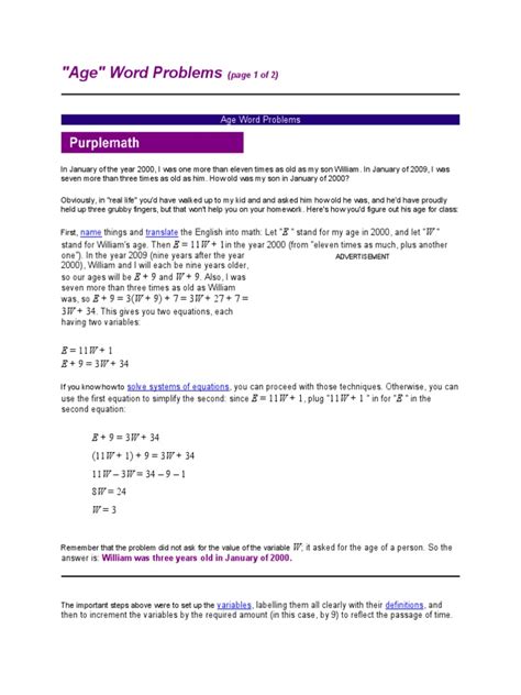Age Problems Pdf Equations Mathematics