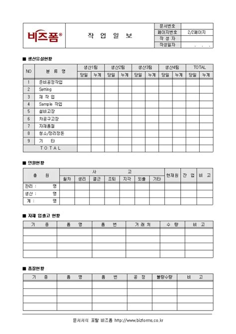 표준 작업일보 비즈폼 샘플양식 다운로드