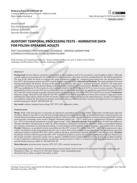 Pdf Auditory Temporal Processing Tests Normative Data For Polish