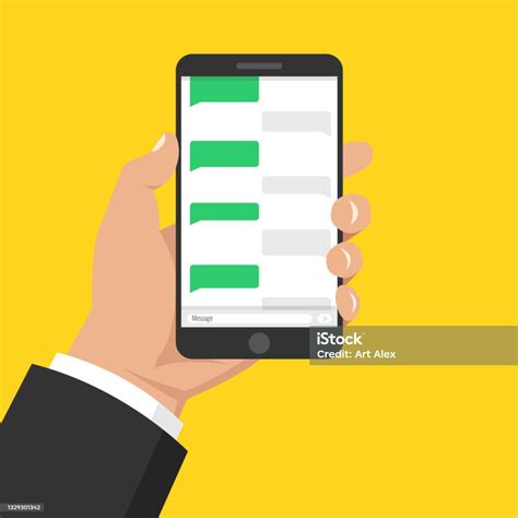 채팅 상자와 응용 프로그램과 함께 스마트 폰을 들고 손 플랫 만화 스타일 벡터 그림입니다 Brand Name Online