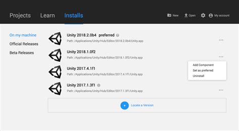 허브를 이용하여 Unity 설치 Unity 매뉴얼