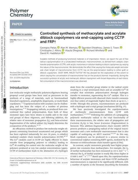 Pdf Controlled Synthesis Of Methacrylate And Acrylate Diblock