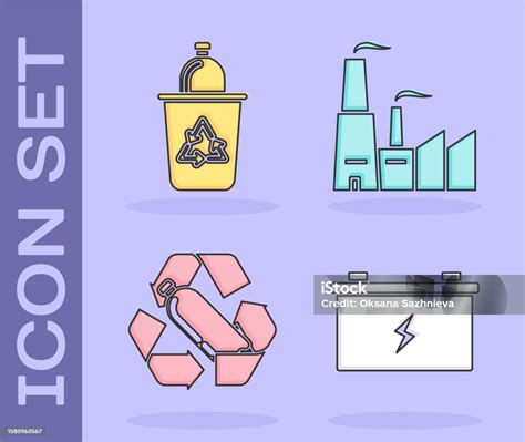 자동차 배터리 재활용 기호가 있는 휴지통 재활용 플라스틱 병 및 공장 아이콘을 설정합니다 벡터 건축하기에 대한 스톡 벡터 아트 및 기타 이미지 Istock
