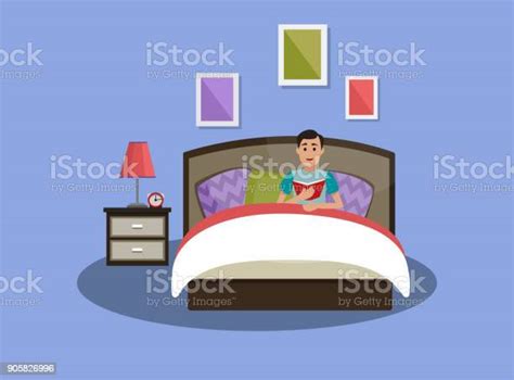 남자는 침대에서 책을 읽고는 침실의 인테리어입니다 벡터 일러스트입니다 디자인에 대한 스톡 벡터 아트 및 기타 이미지 디자인 모던 양식 미국 Istock