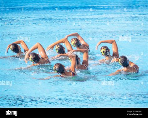 Synchronized Swimmers Team Performing Artistic Swimming In The Swimming